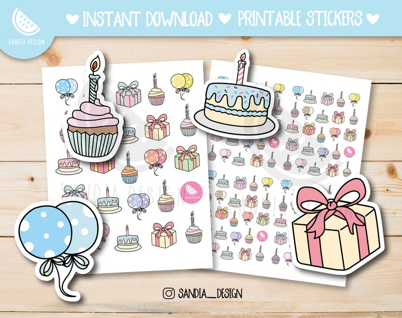 Printable Stickers Sheet, Printable Planner Stickers. Doodle Birthday ...