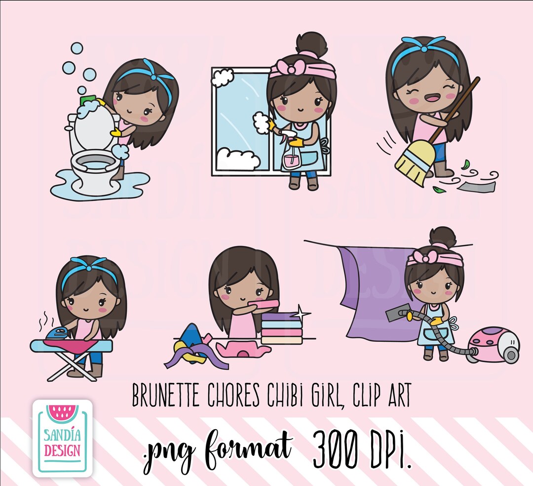 Brunette Chores, Clipart, Chibi Girl, Personal and Commercial Use - Etsy