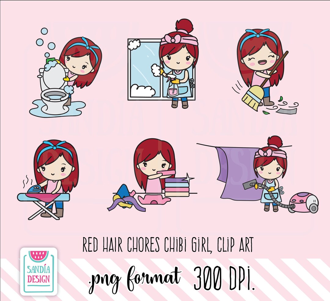 Red Hair Chores, Clipart, Chibi Girl, Personal and Commercial Use - Etsy