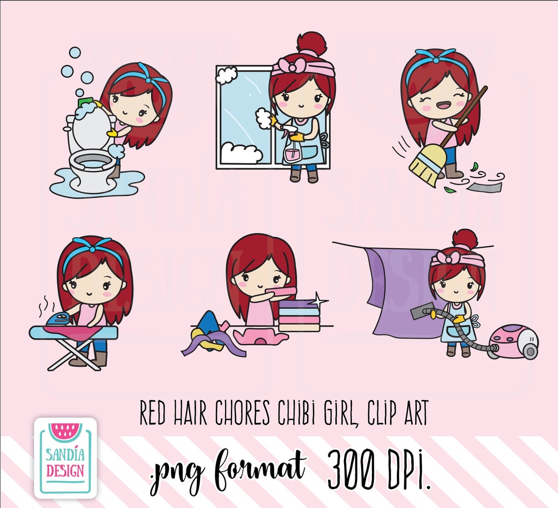 Red Hair Chores Clipart Chibi Girl Personal and Comercial - Etsy