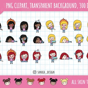 Chibi Feelings, Moods Girls Bundle Clipart, All Skin and Hair Tones ...