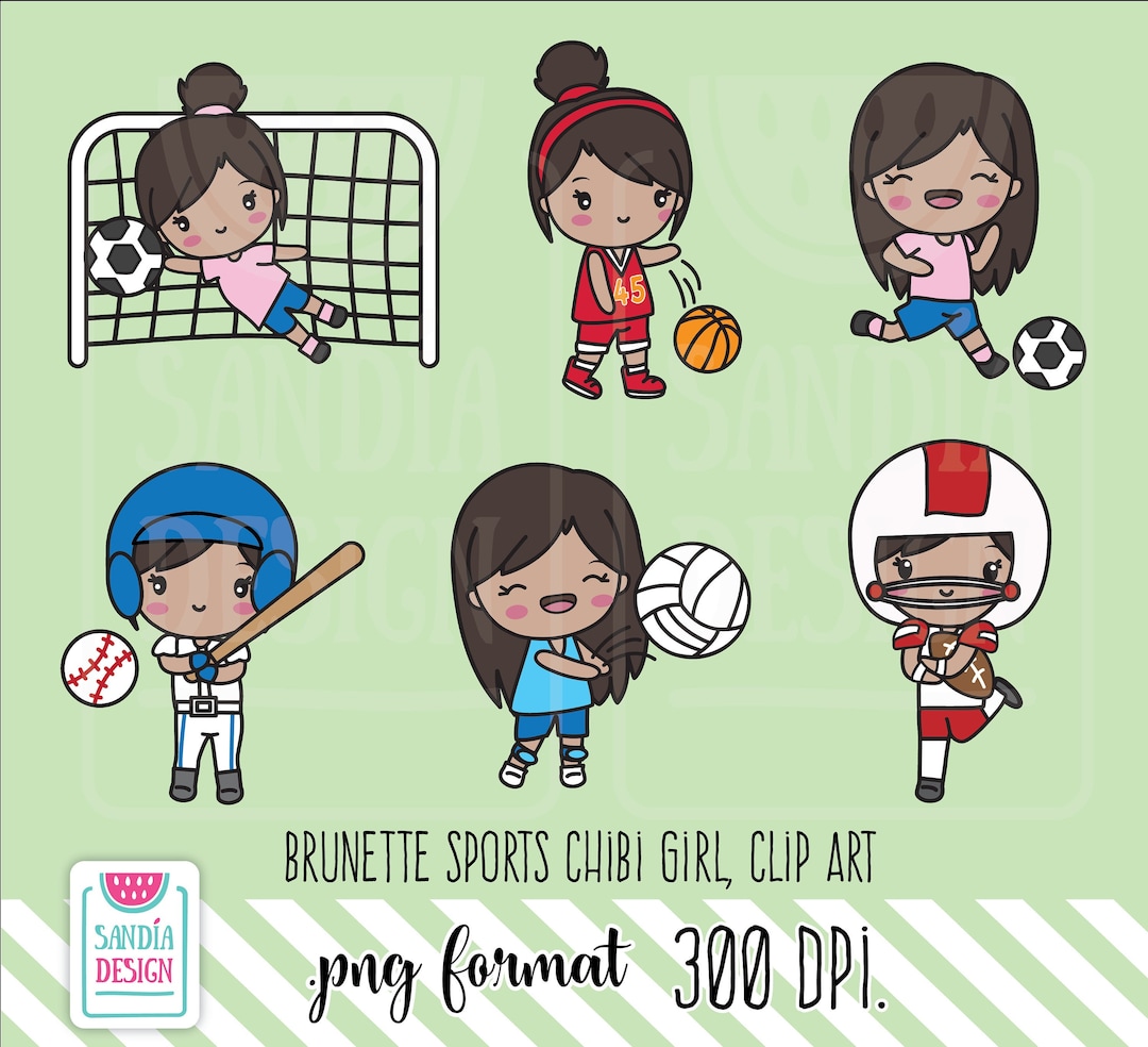 Brunette Sports, Clipart, Chibi Girl, Personal and Commercial Use - Etsy