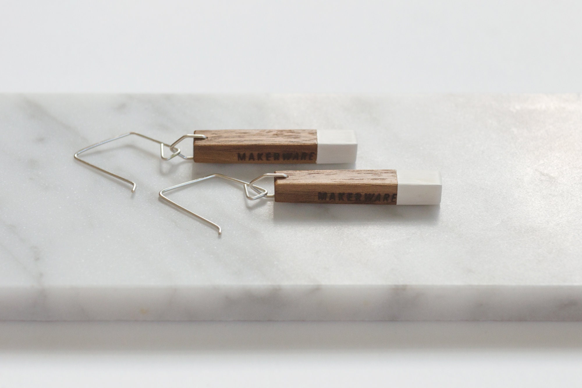 White Wooden Bar Earring // Walnut Wood White Tipped Geometric Earrings ...