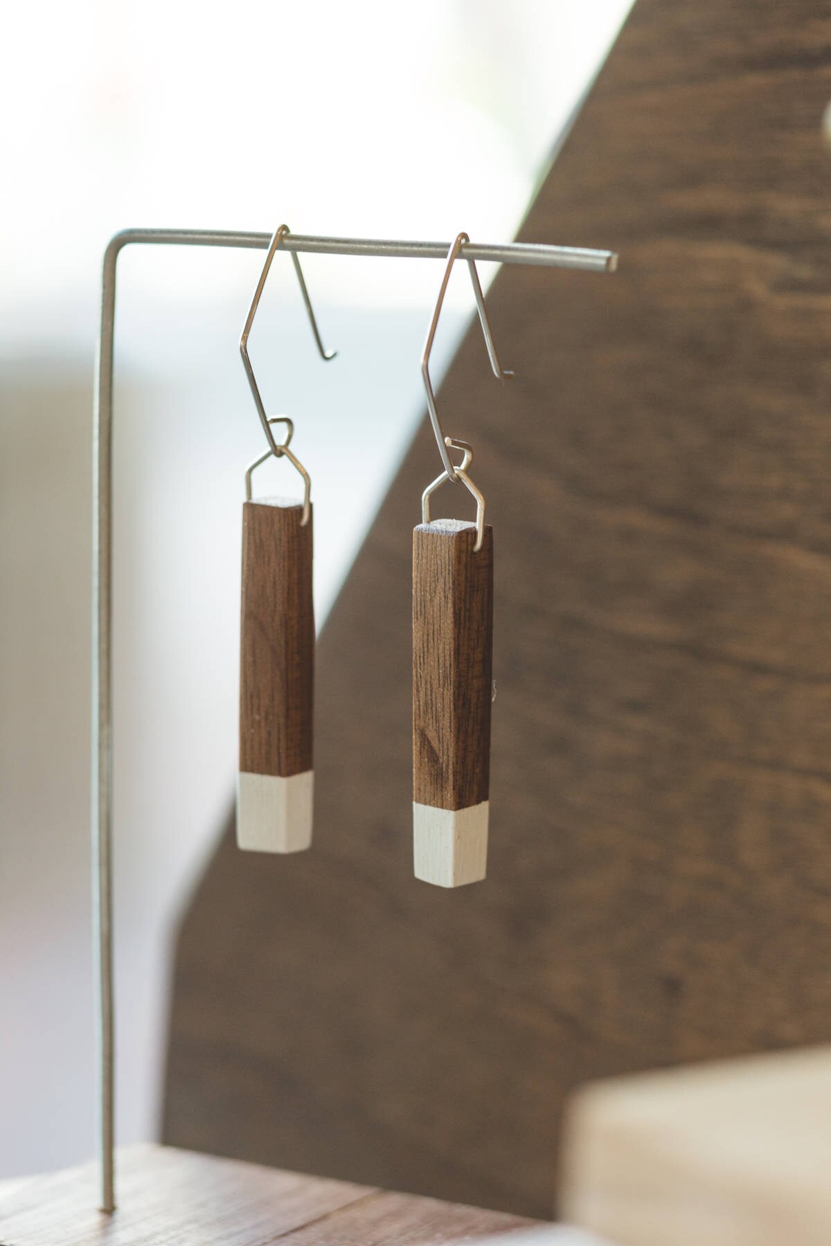 White Wooden Bar Earring // Walnut Wood White Tipped Geometric Earrings ...