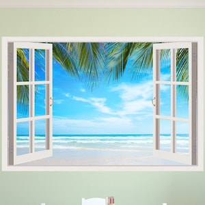 3D Window Beach Decal, Plam Murals 3D Wall Decor, Vinyl Wall Decals ...