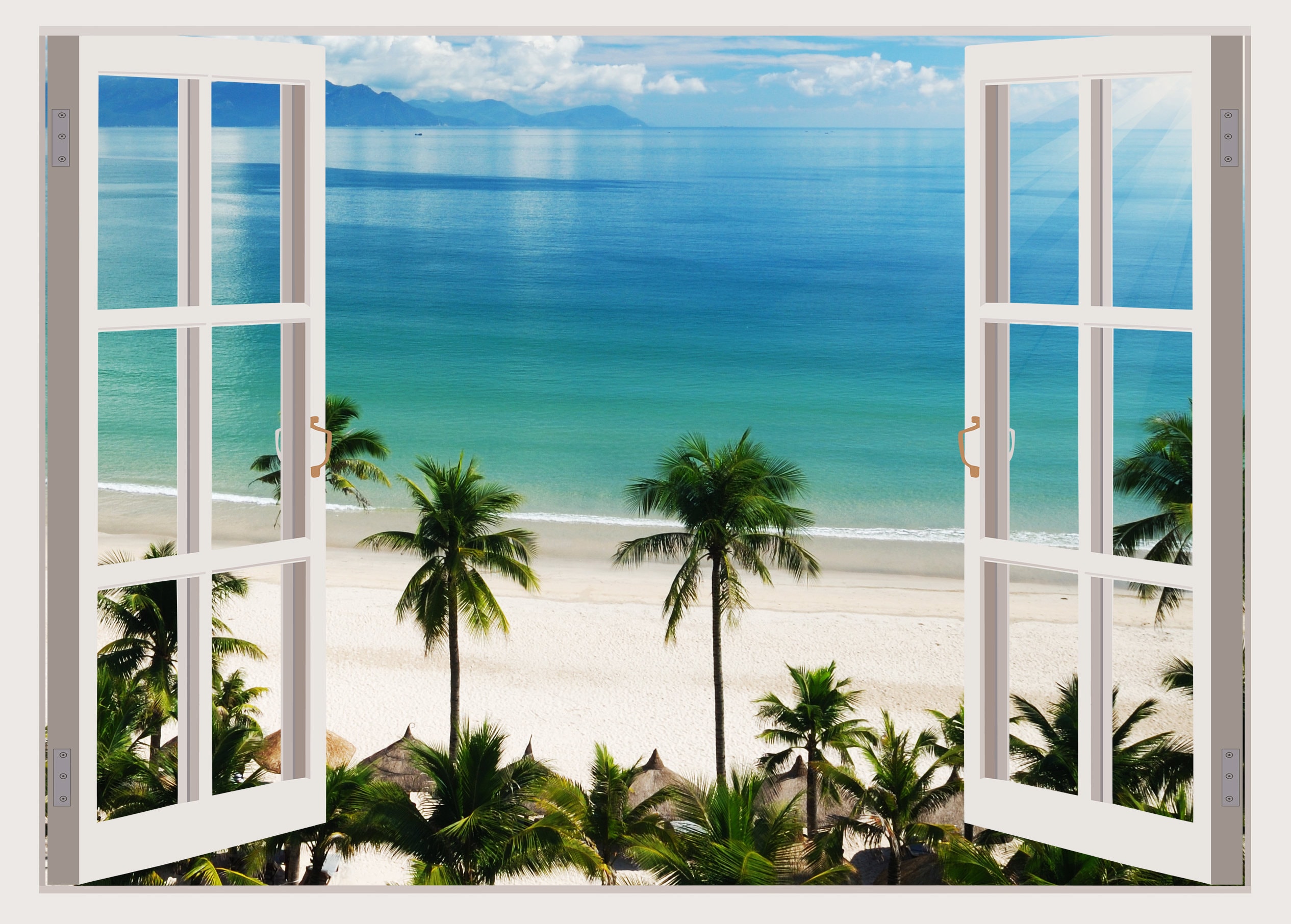 3D Window Beach Decal, Plam Murals 3D Wall Decor, Vinyl Wall Decals ...