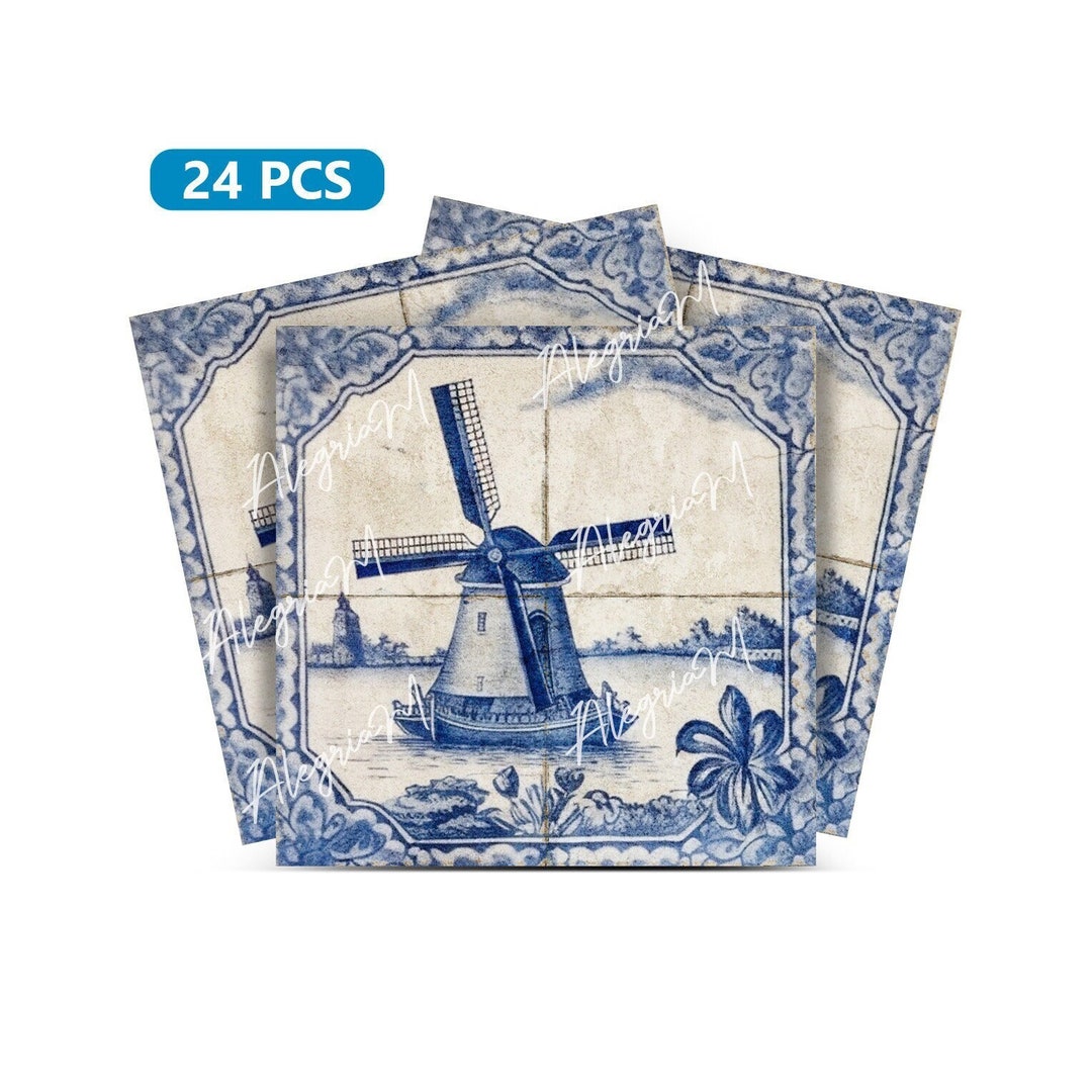 Set of 24 Stick on Tiles Backsplash, Boat Delft Tiles Peel and Stick ...