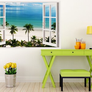 3D Window Beach Decal, Plam Murals 3D Wall Decor, Vinyl Wall Decals ...