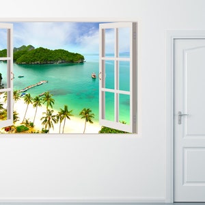 3D Window Beach Decal, Plam Murals 3D Wall Decor, Vinyl Wall Decals ...