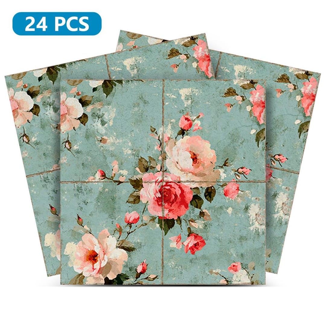Floral Rustic Grey Flower Pattern Peel and Stick Tile Stickers ...