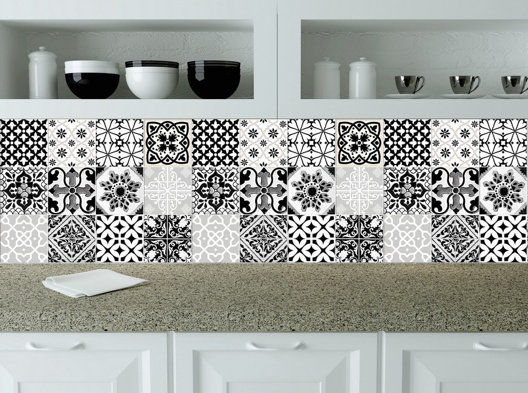 Black & White Tiles Decals Bathroom Stickers Set Mixed Tiles for Walls ...