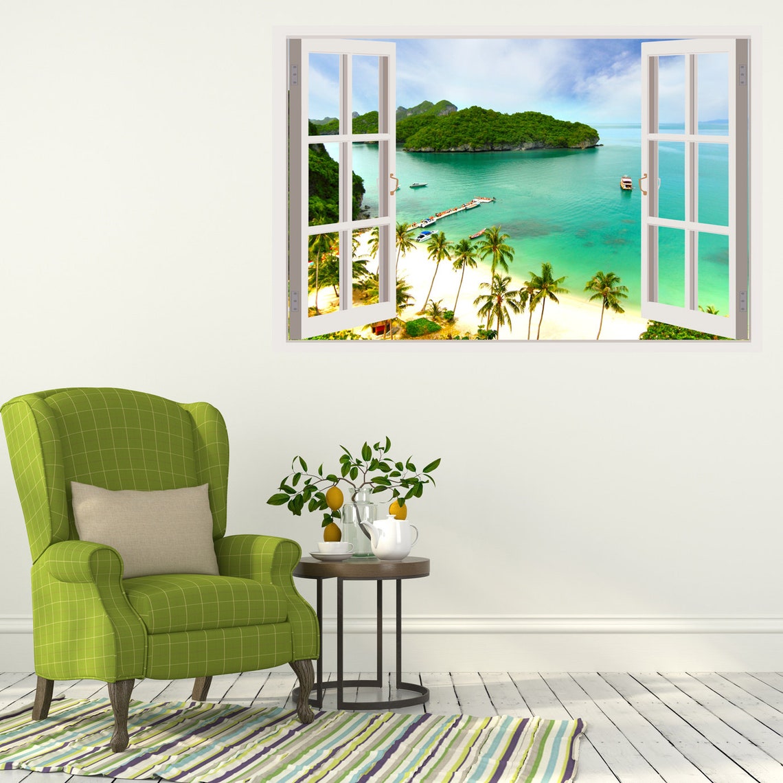 3D Window Beach Decal, Plam Murals 3D Wall Decor, Vinyl Wall Decals ...