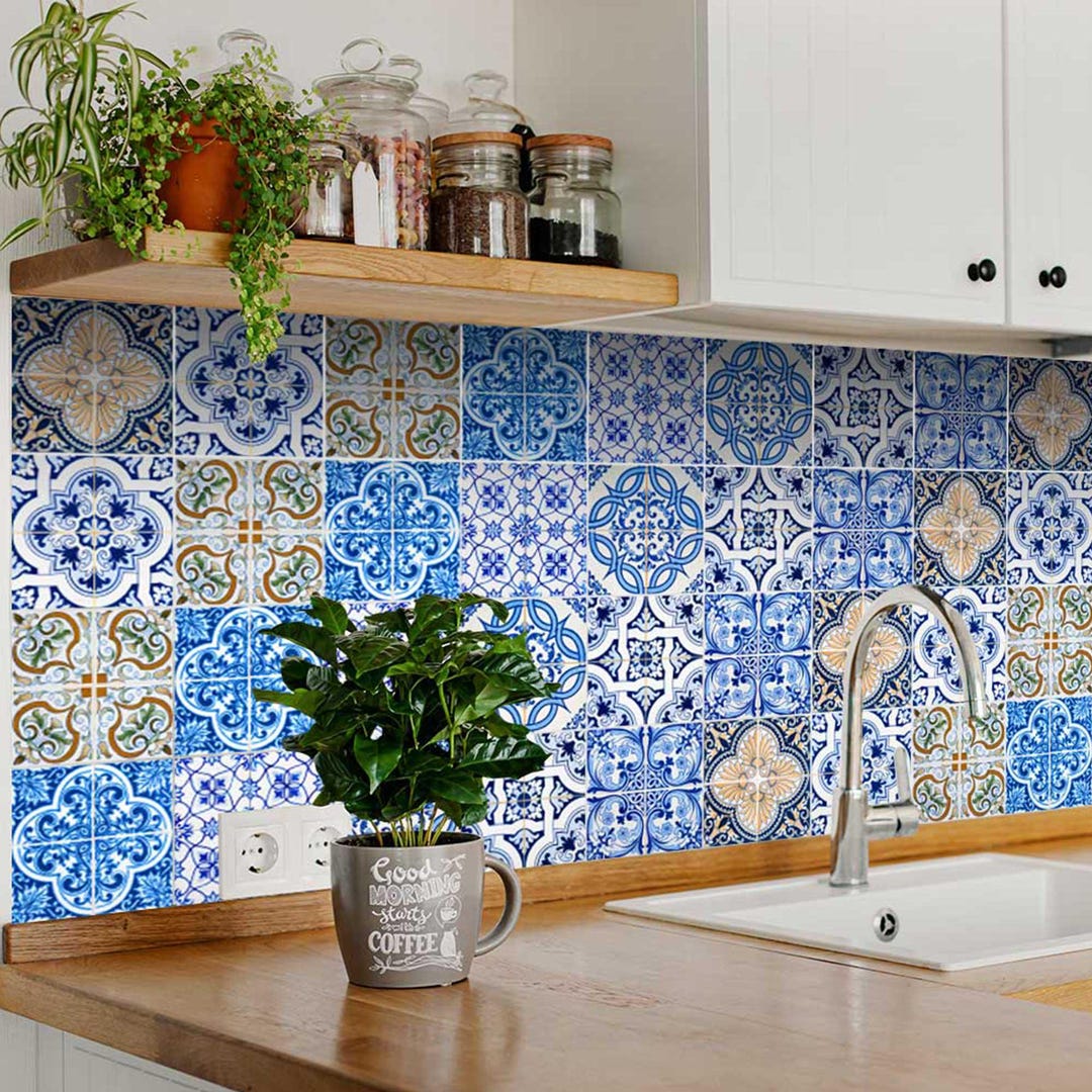 Tiles Decals Set of 8 Tiles Stickers Mixed BLUE Antique Authentic ...