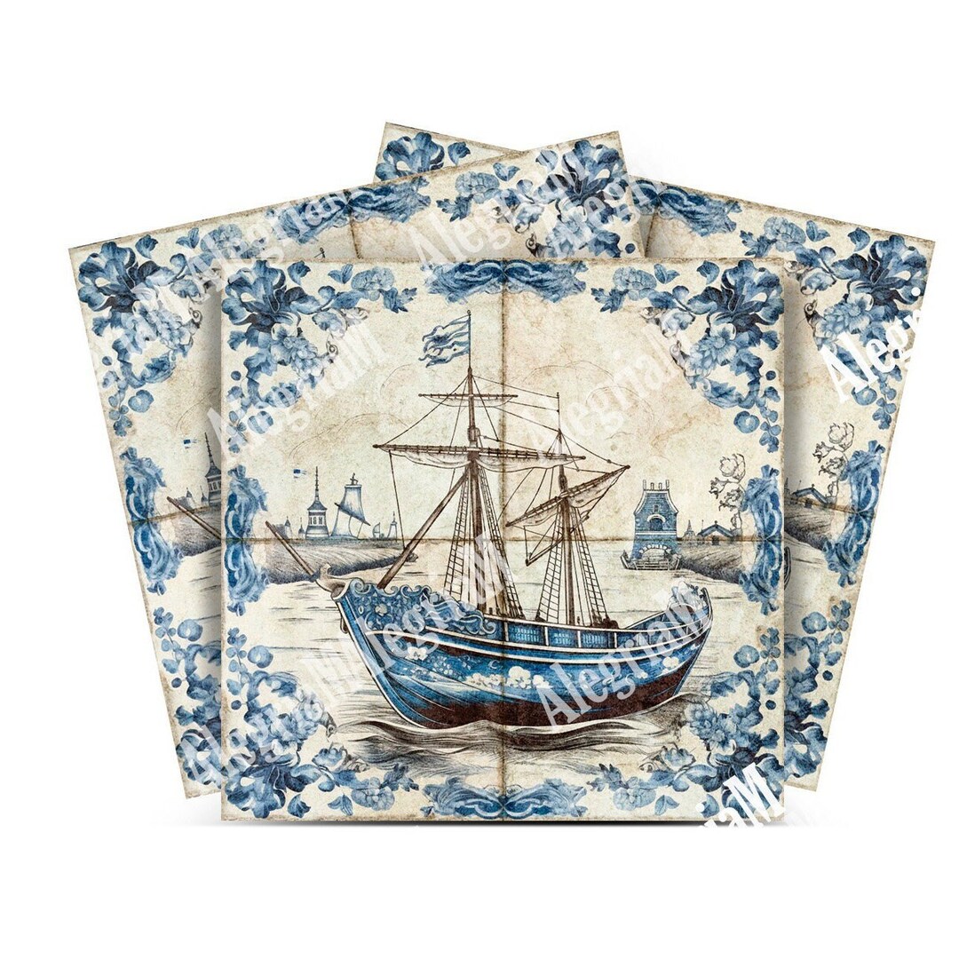 Set of 24 Stick on Tiles Backsplash, Boat Delft Tiles Peel and Stick ...