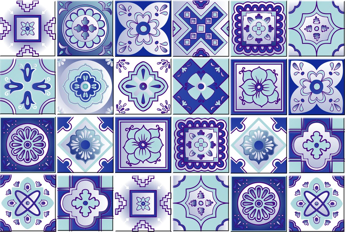 Decals 24 Vintage Blue Tiles Decals Bathroom Stickers Mixed - Etsy