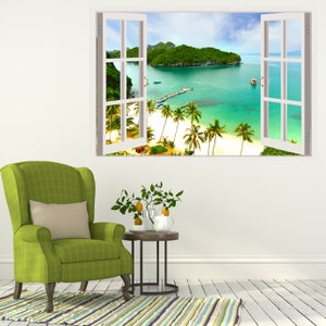 3D Window Beach Decal, Plam Murals 3D Wall Decor, Vinyl Wall Decals ...
