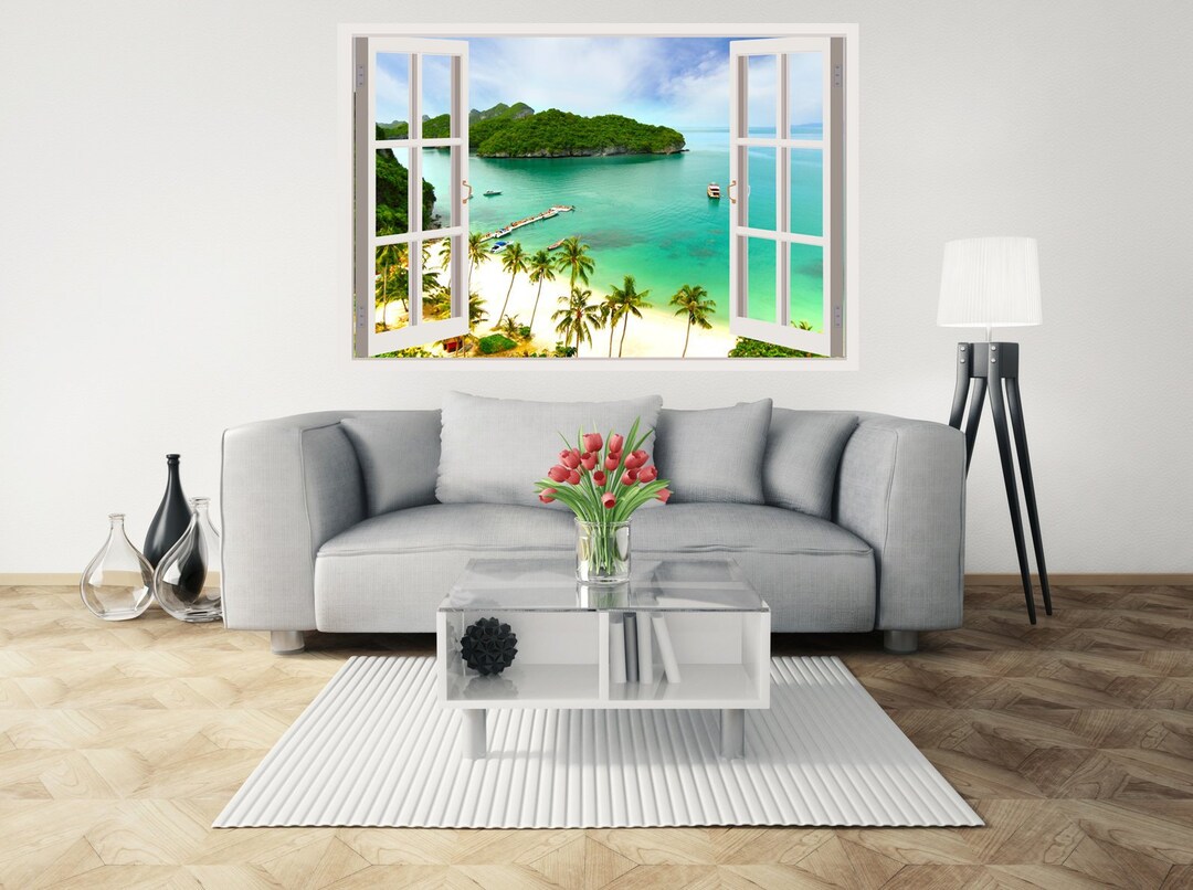 3D Window Beach Decal, Plam Murals 3D Wall Decor, Vinyl Wall Decals ...
