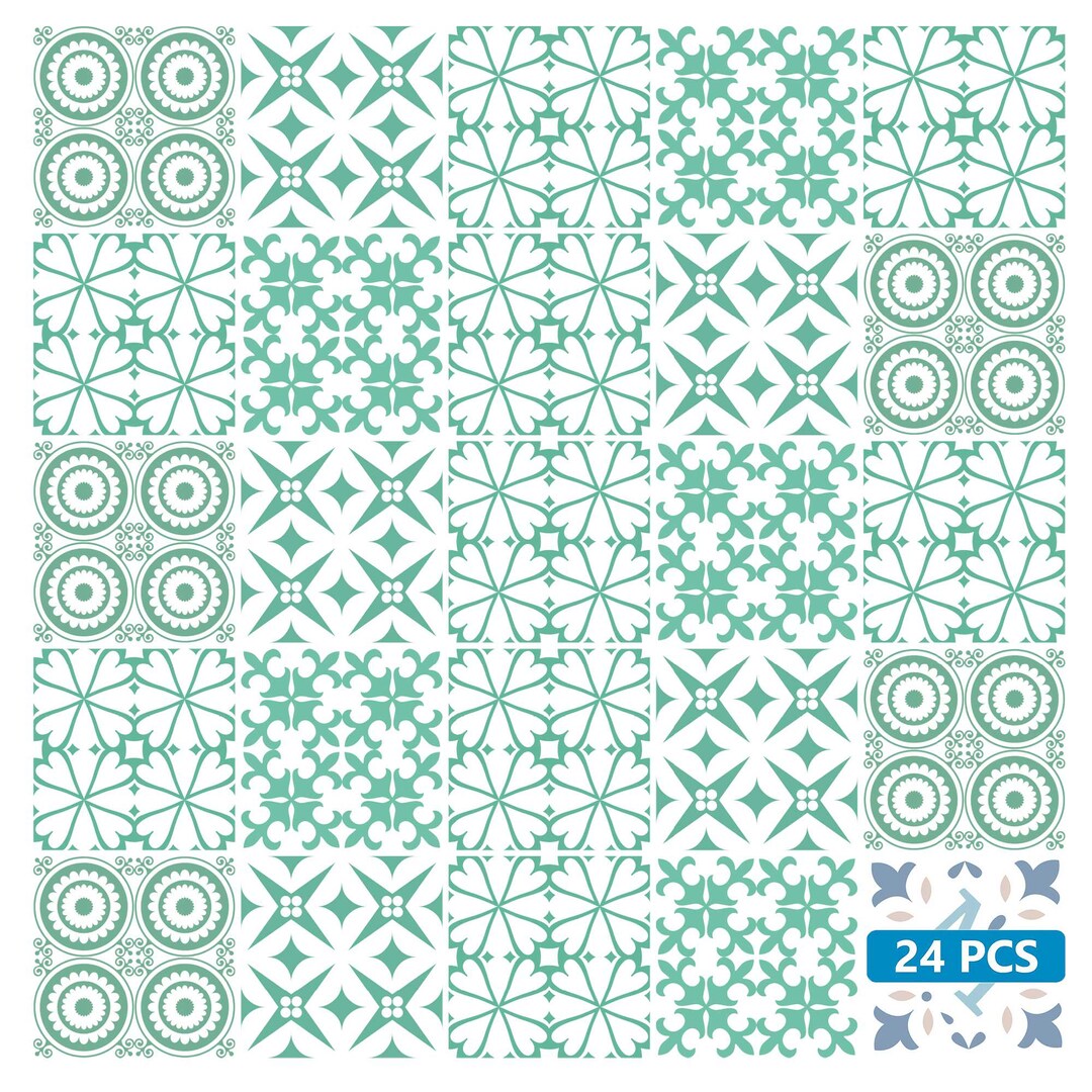 Turquoise Blue Tile Stickers Set of 24 Tile Decals Mixed Tiles for ...