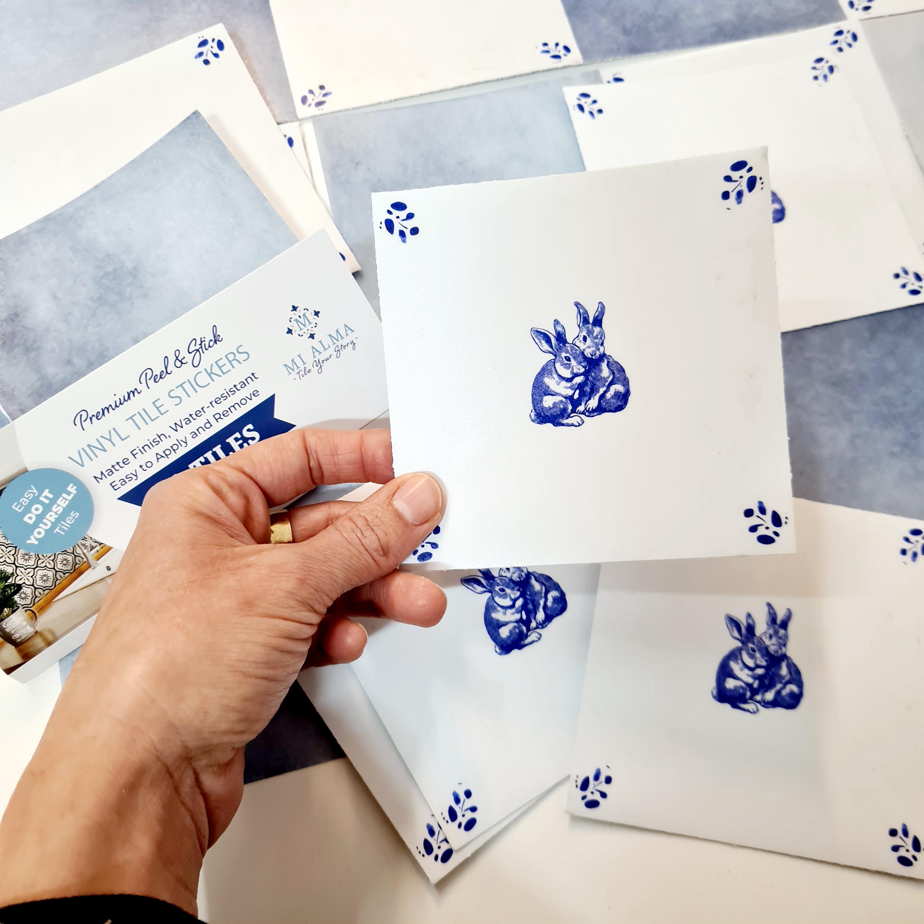 Rabbit Tile Set of 8 Blue Delft Tile Vintage Peel and Stick Backsplash ...