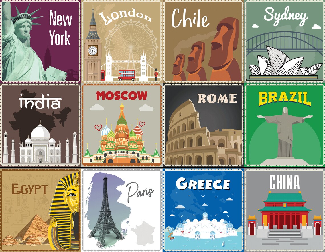 Stamps Travel Pack tour around the world 24 Decals Tiles | Etsy