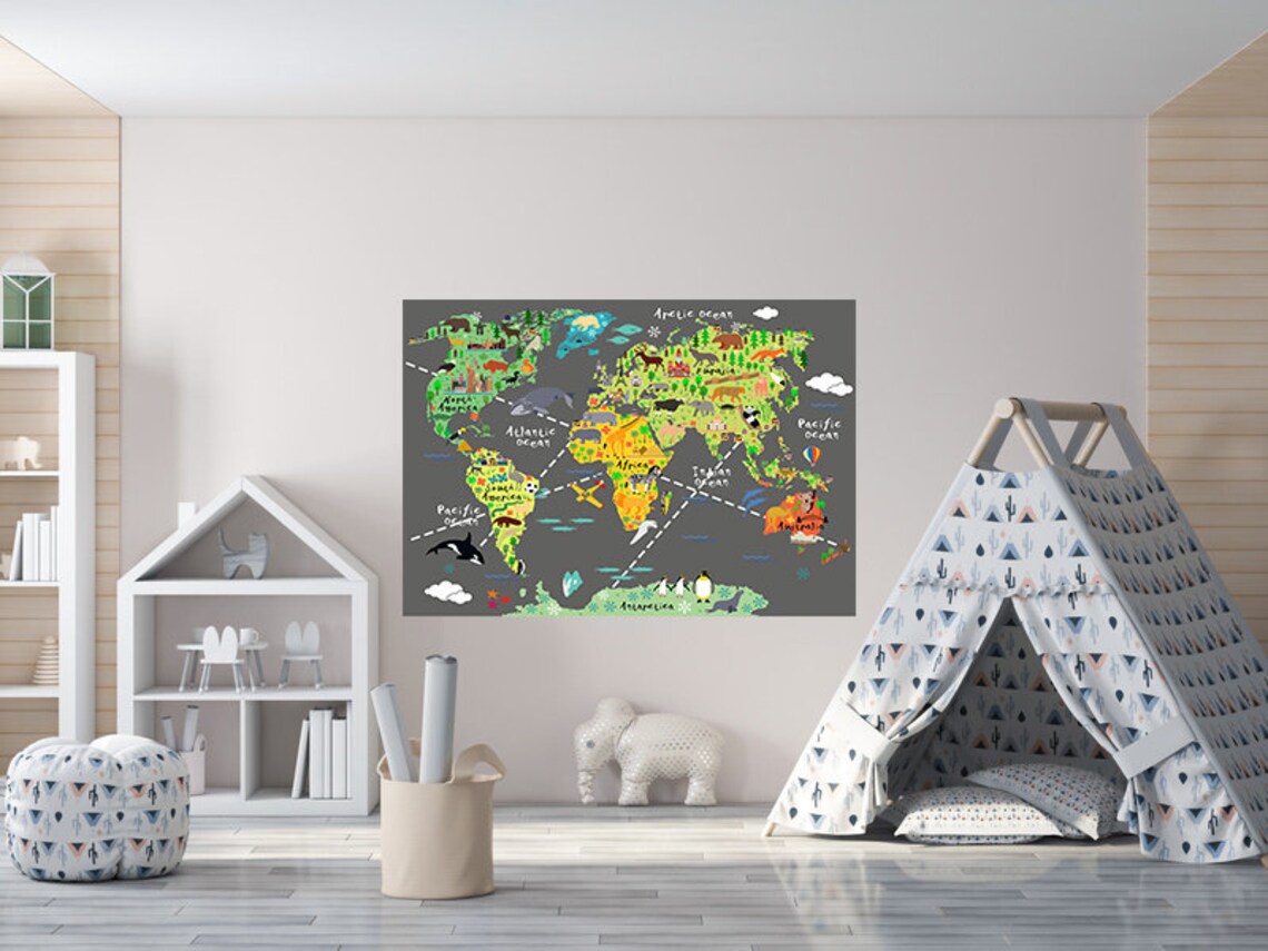 HUGE Boys Room Map of the World Playroom Decal World Map Wall | Etsy