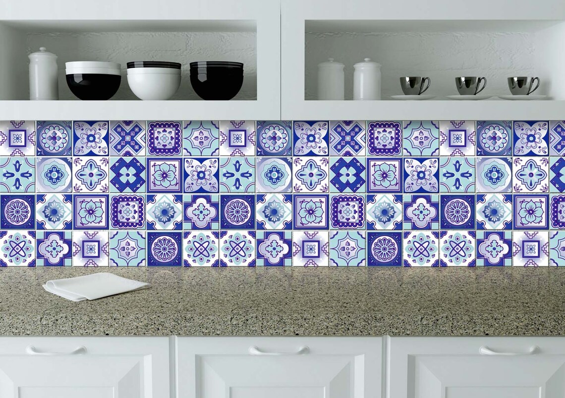 Decals 24 Vintage Blue Tiles Decals Bathroom Stickers Mixed | Etsy