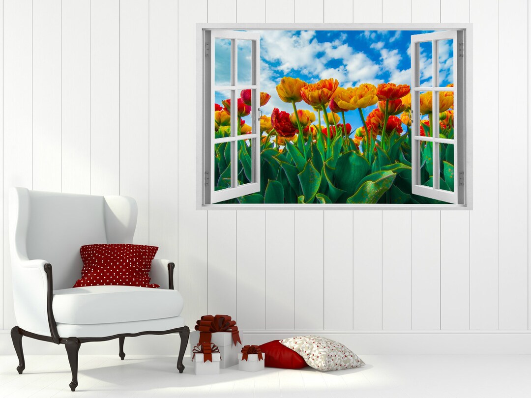 3D Window Flowers Decal, Window Frame, 3D Wall Decor, Flower Wall ...