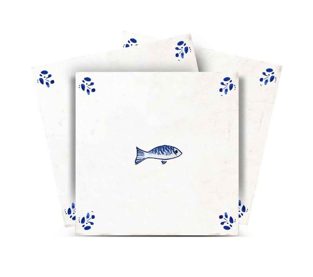 Blue Delft Tile Vintage Peel and Stick Fish Babcsplash Tile Stickers ...