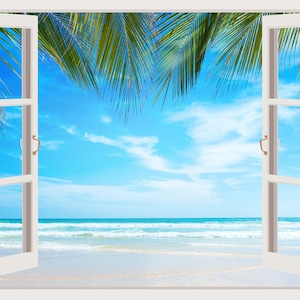 3D Window Beach Decal, Plam Murals 3D Wall Decor, Vinyl Wall Decals ...