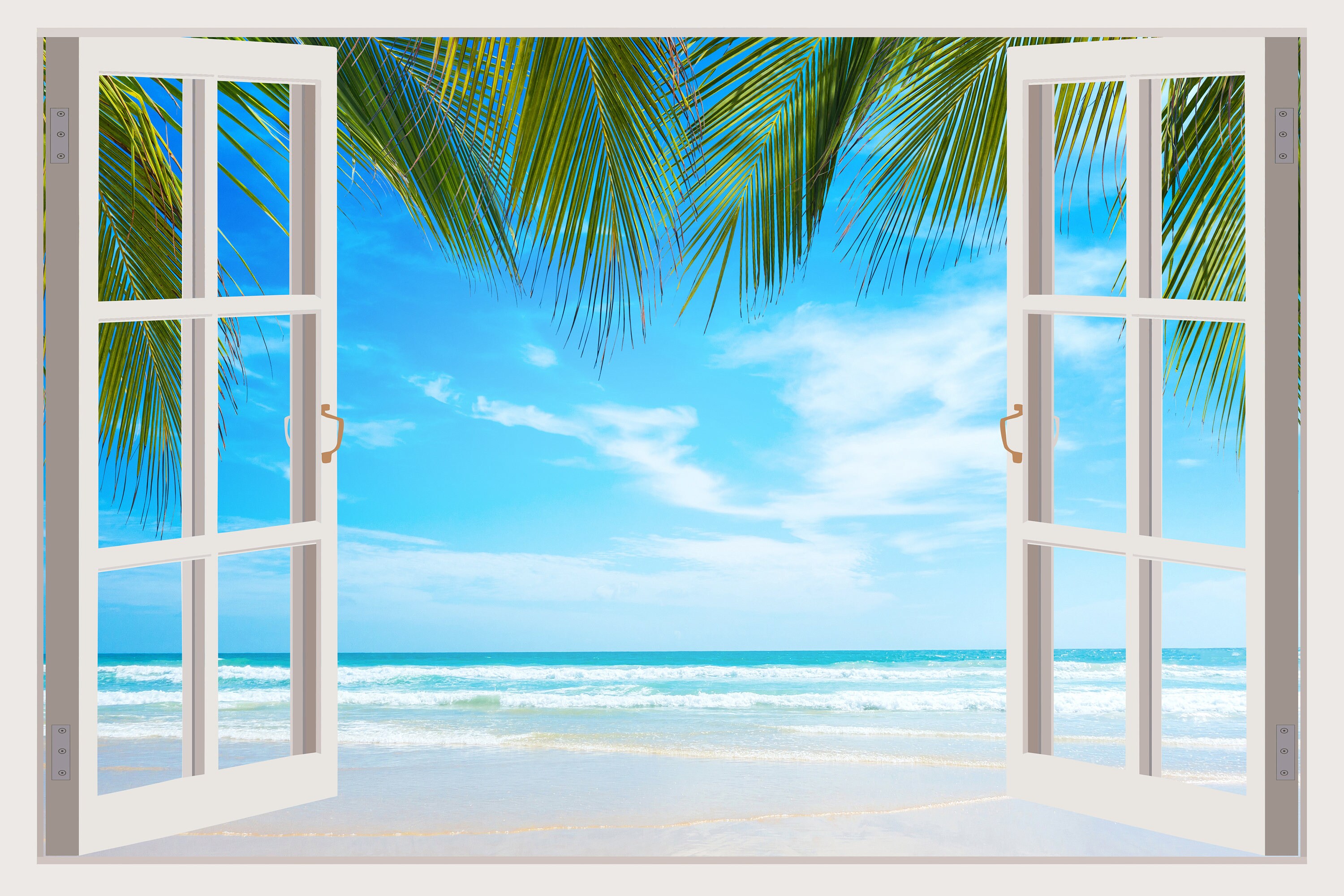 3D Window Beach Decal, Plam Murals 3D Wall Decor, Vinyl Wall Decals ...