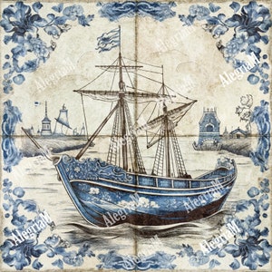 Set of 24 Stick on Tiles Backsplash, Boat Delft Tiles Peel and Stick ...