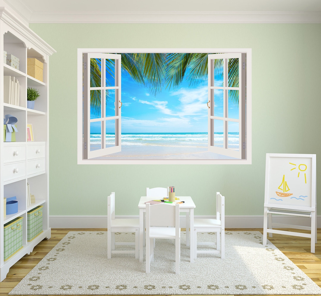 3D Window Beach Decal, Plam Murals 3D Wall Decor, Vinyl Wall Decals ...
