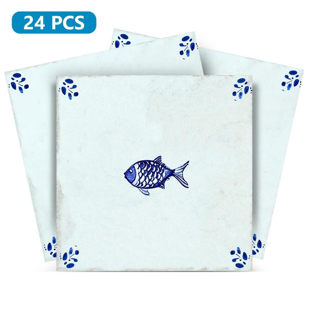 Blue Delft Tile Vintage Fish Sticker Peel and Stick Tile Stickers Delft ...