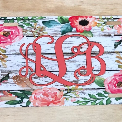 Monogram License Plate Wood Look Floral Car Tag Personalized - Etsy