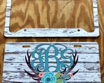 Monogram License Plate Antlers Wood Look Distressed Car Tag | Etsy