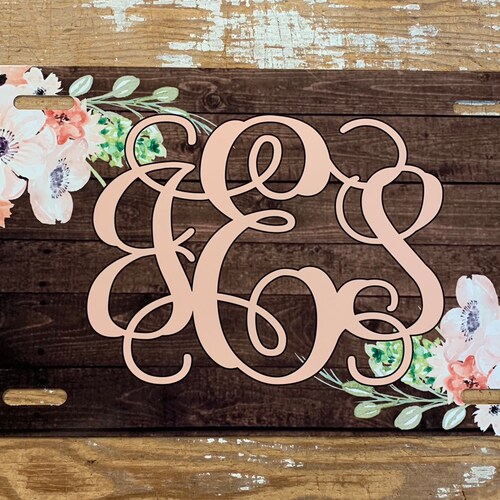 Monogram License Plate Wood Look Floral Car Tag Personalized | Etsy