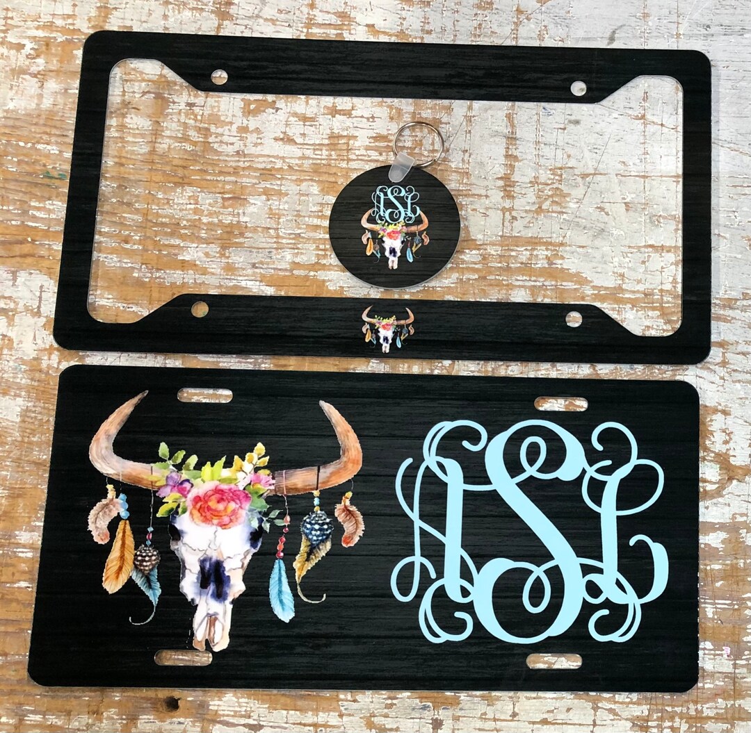 Monogram License Plate Bull Head Antlers Skull Cow Bull Horns Wood Look ...