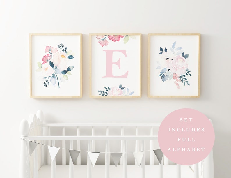 Printable Baby Girl Monogram Nursery Set/watercolor Floral Nursery Art ...