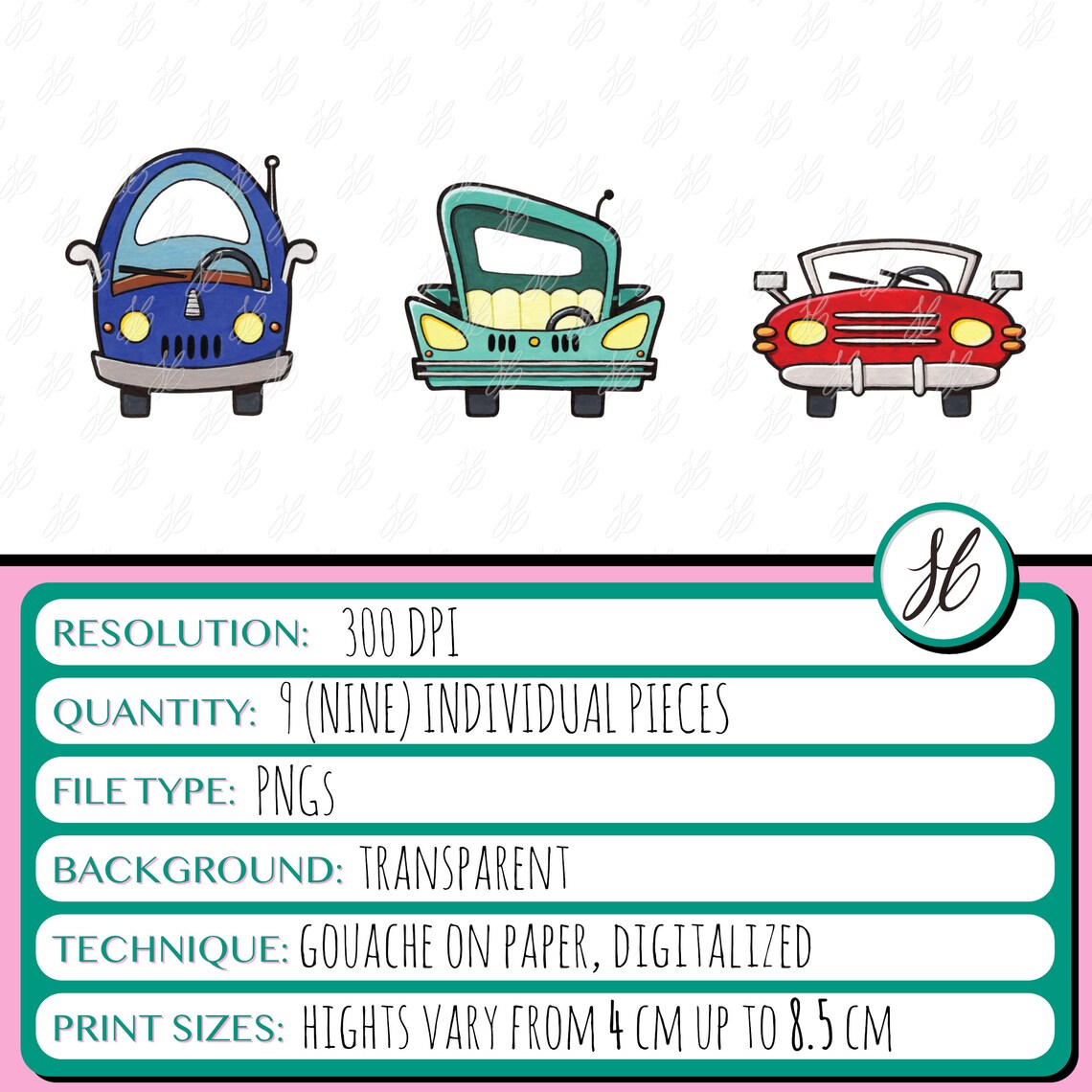 Cars Clipart Set, Hand Painted Car Illustrations, Digital Scrapbooking ...