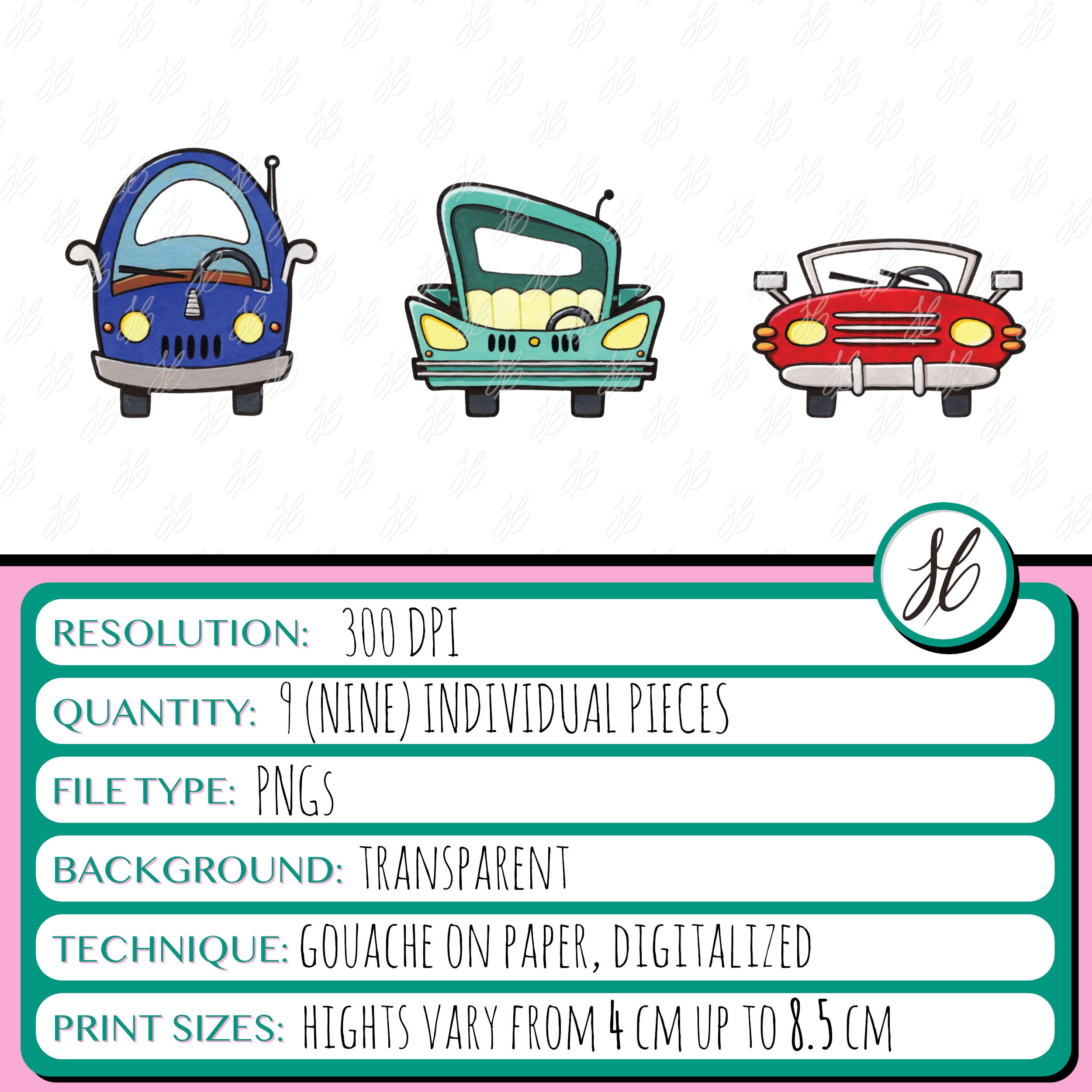 Cars Clipart Set, Hand Painted Car Illustrations, Digital Scrapbooking ...