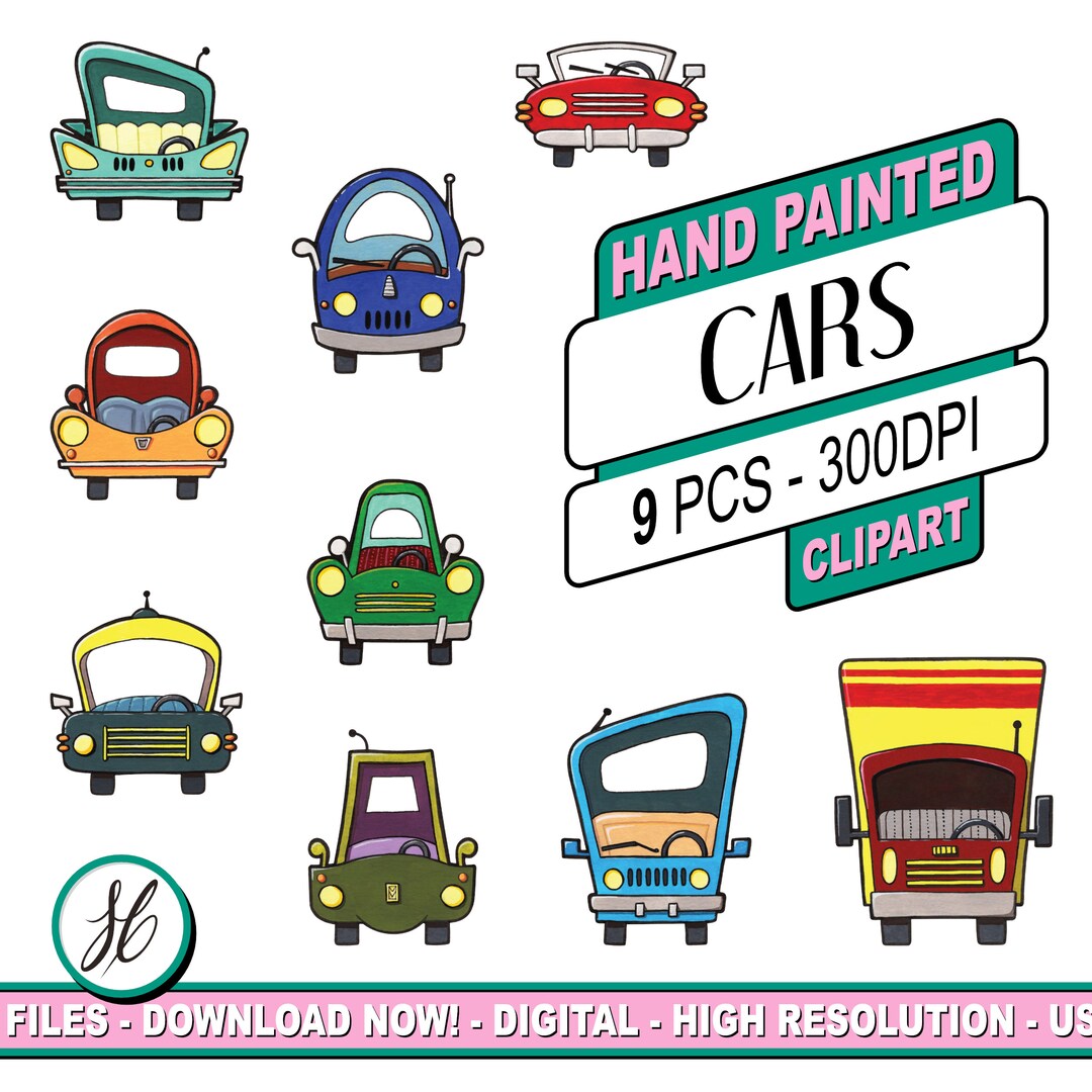 Cars Clipart Set, Hand Painted Car Illustrations, Digital Scrapbooking ...