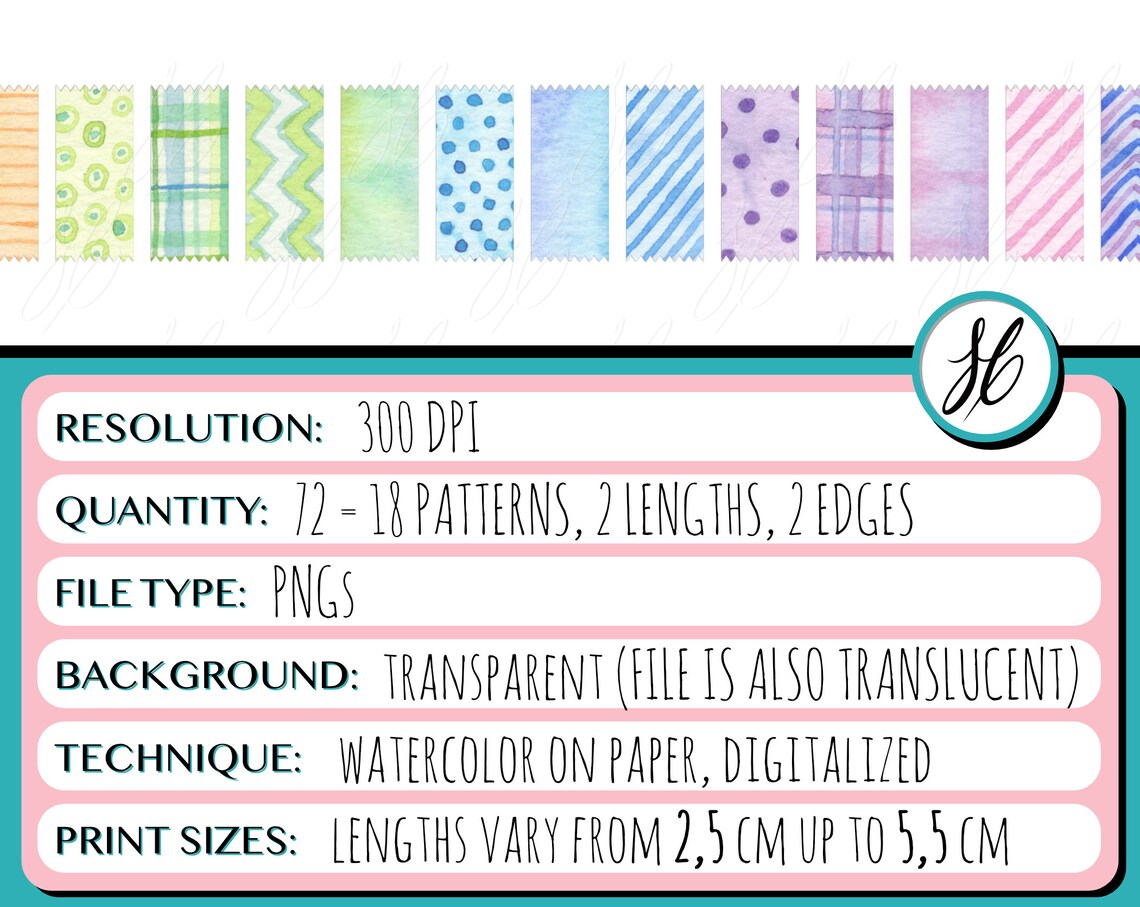 Washi Tape Clipart Set Digital Watercolor Hand Painted - Etsy