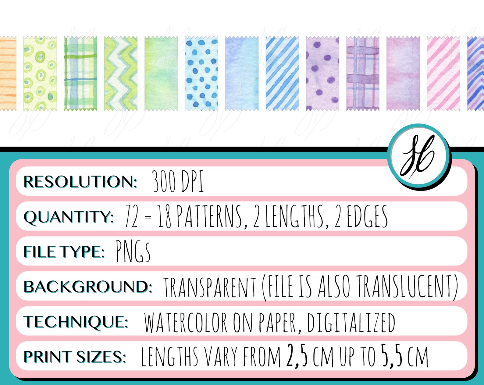 Washi Tape Clipart Set Digital Watercolor Hand Painted - Etsy
