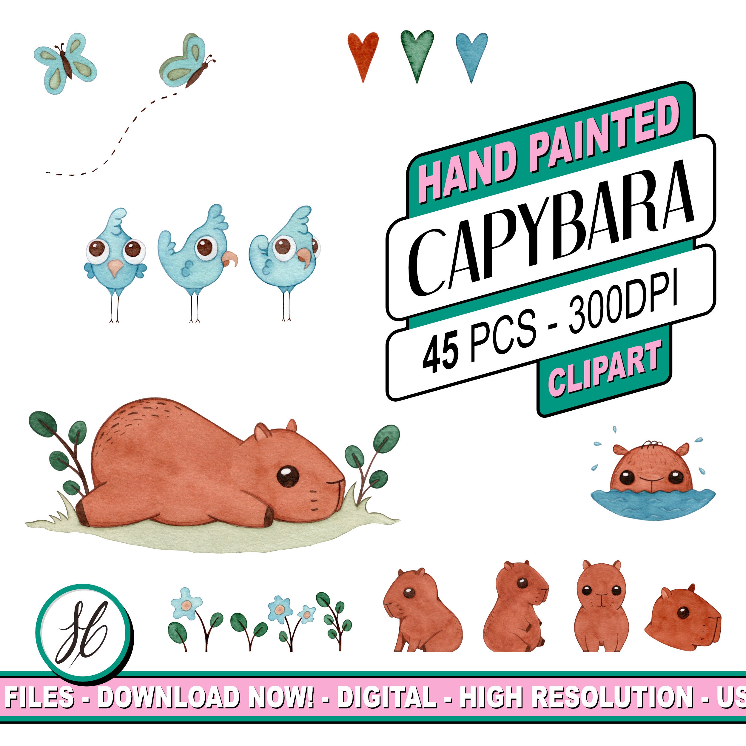 Capybara Clipart Set, Hand Painted Watercolor Capybaras, Watercolor ...