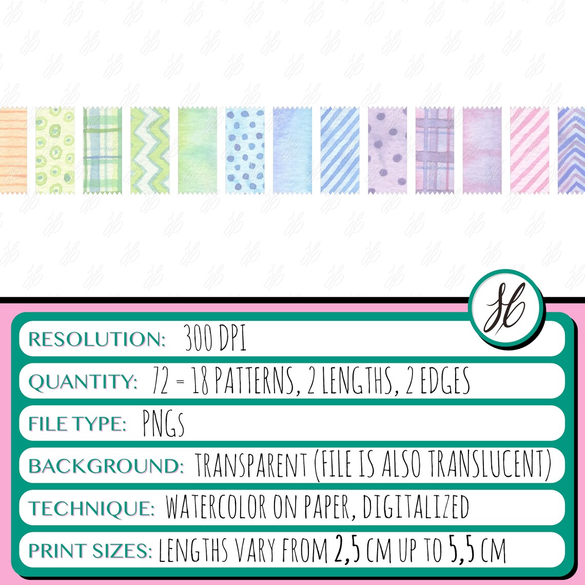 Washi Tape Clipart Set, Digital, Watercolor Hand Painted Sticky Tape ...