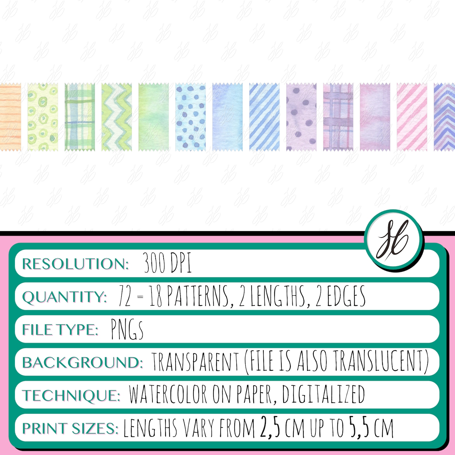 Washi Tape Clipart Set, Digital, Watercolor Hand Painted Sticky Tape ...