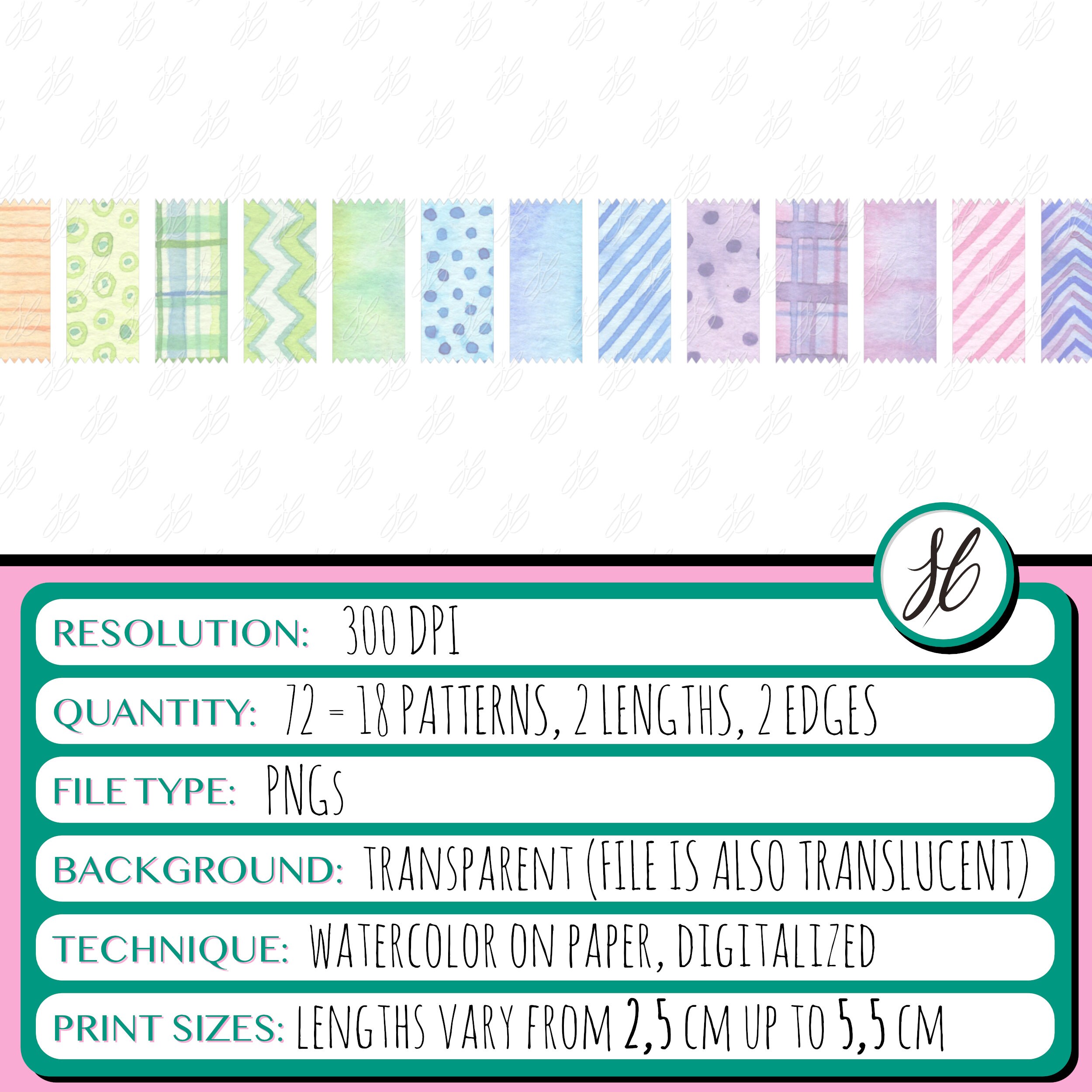 Washi Tape Clipart Set, Digital, Watercolor Hand Painted Sticky Tape ...