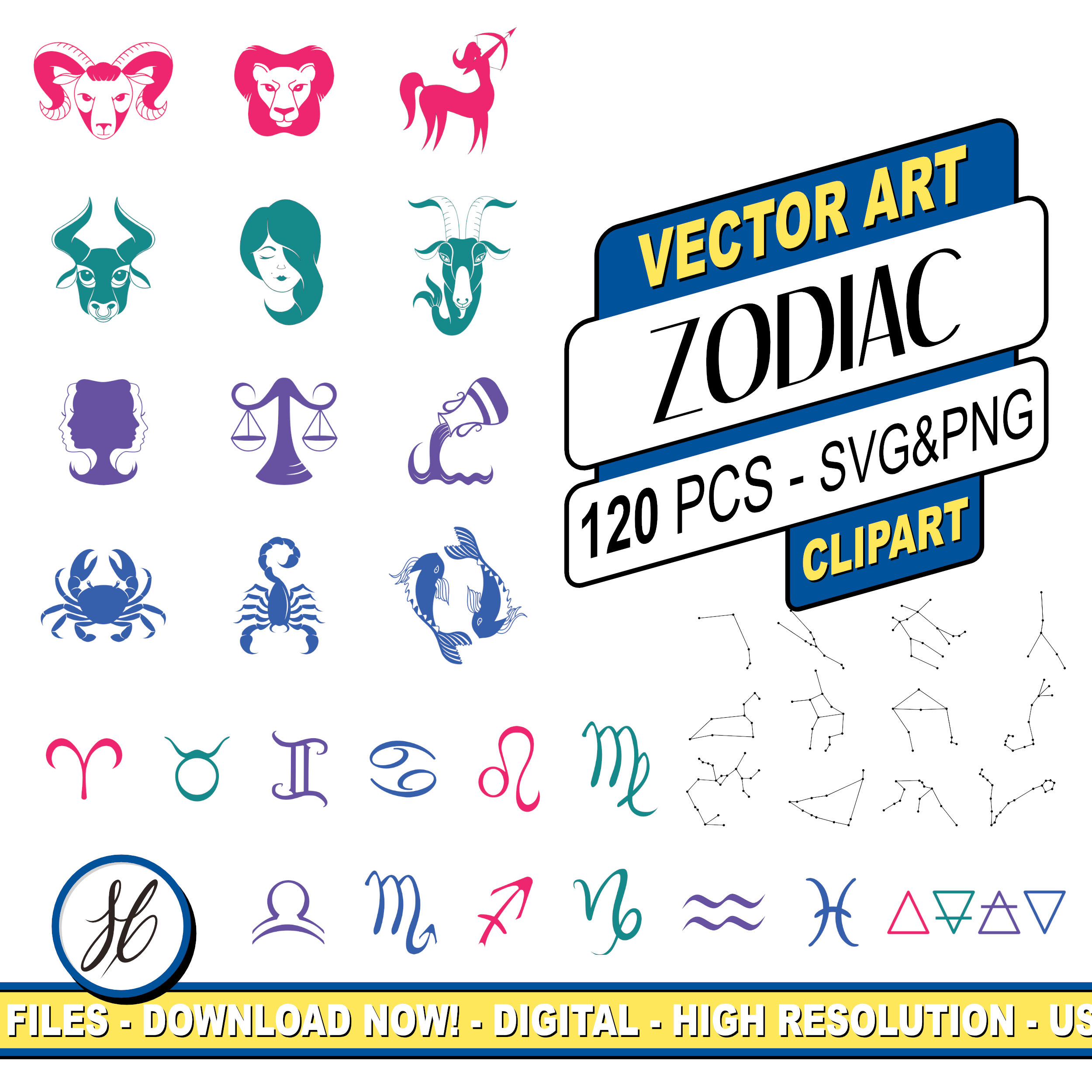 Zodiac Signs Clipart Set, Kit Digital, SVG, PNG, Vector, 12 Signs ...