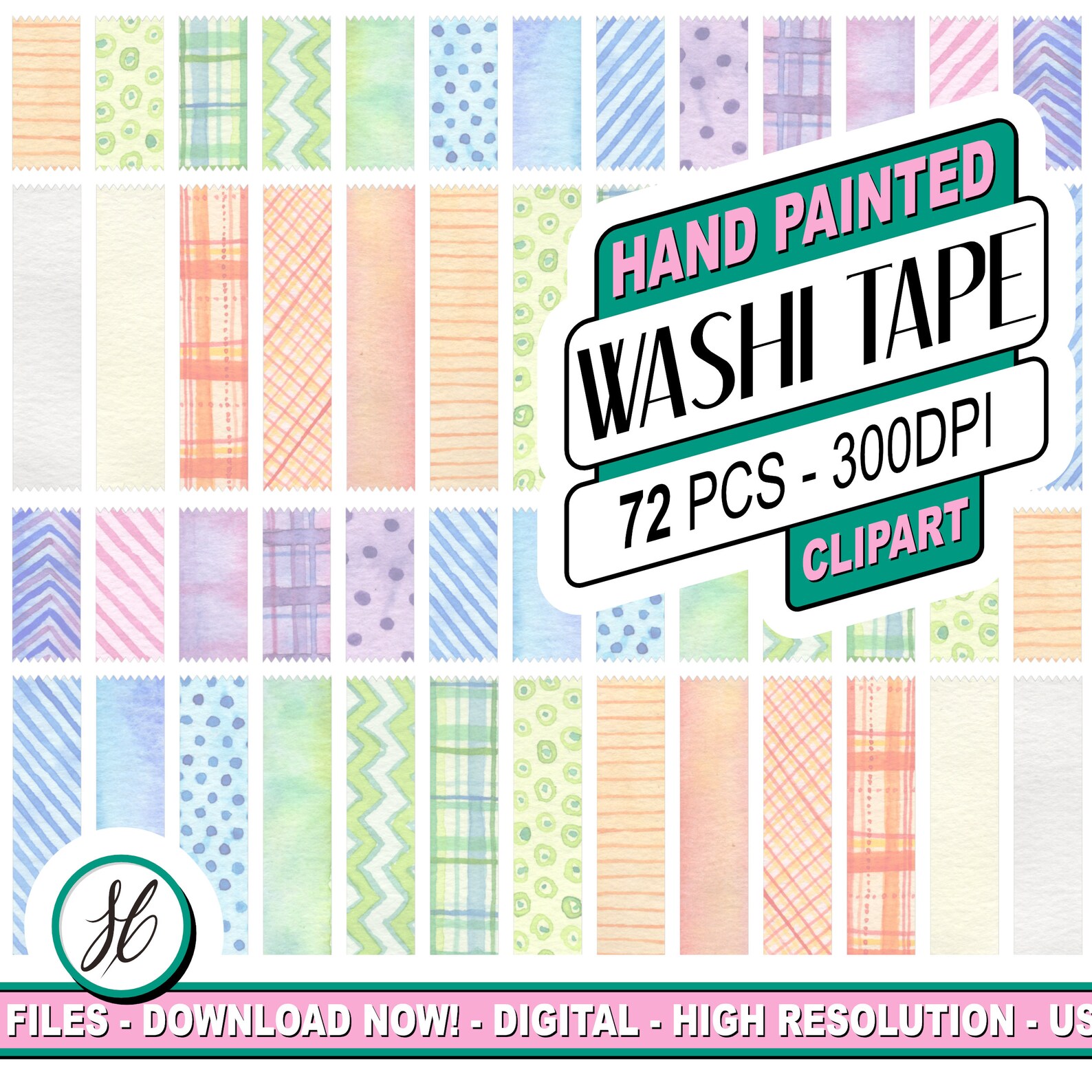 Washi Tape Clipart Set, Digital, Watercolor Hand Painted Sticky Tape ...