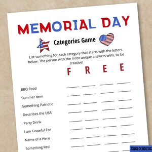Memorial Day Printable Categories Game, Digital Download, Word Games ...